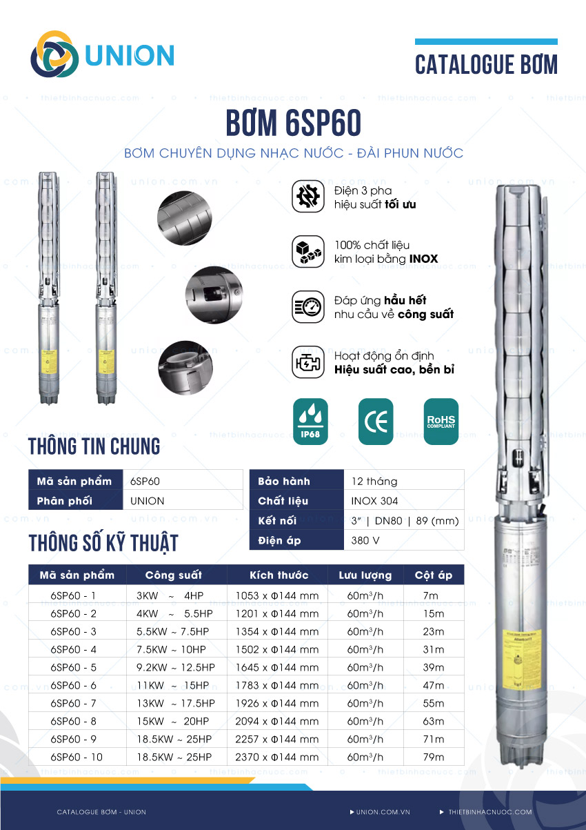 Máy bơm chìm 6SP60 - Bơm INOX cho Nhạc nước và Đài phun nước